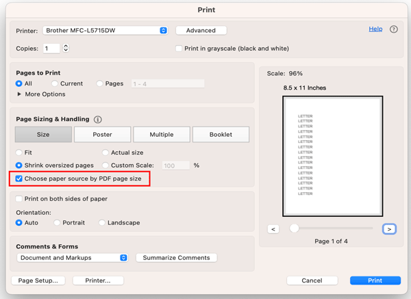 Print a PDF file with mixed paper sizes from different paper trays (Mac ...